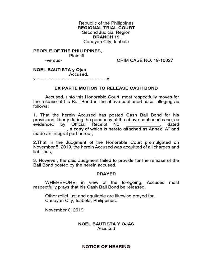 Motion To Release Cash Bond | PDF