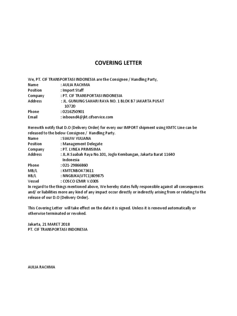 Covering Letter KMTC