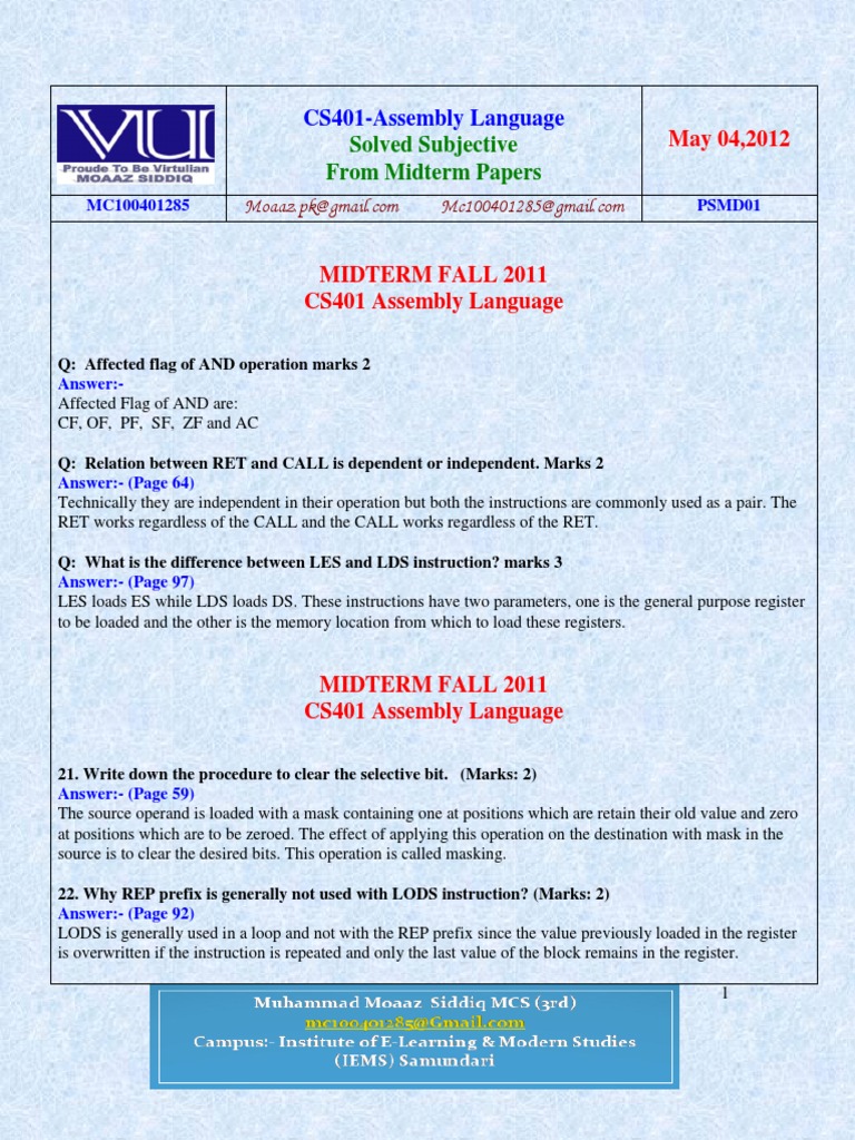 CS401-Midterm Solved Subjectives With References by Moaaz | PDF | Assembly Language | Subroutine