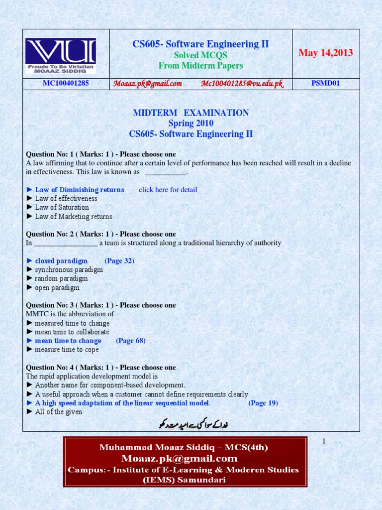 CS605 - Midterm Solved Mcqs With References by Moaaz PDF | PDF | Software Development ...