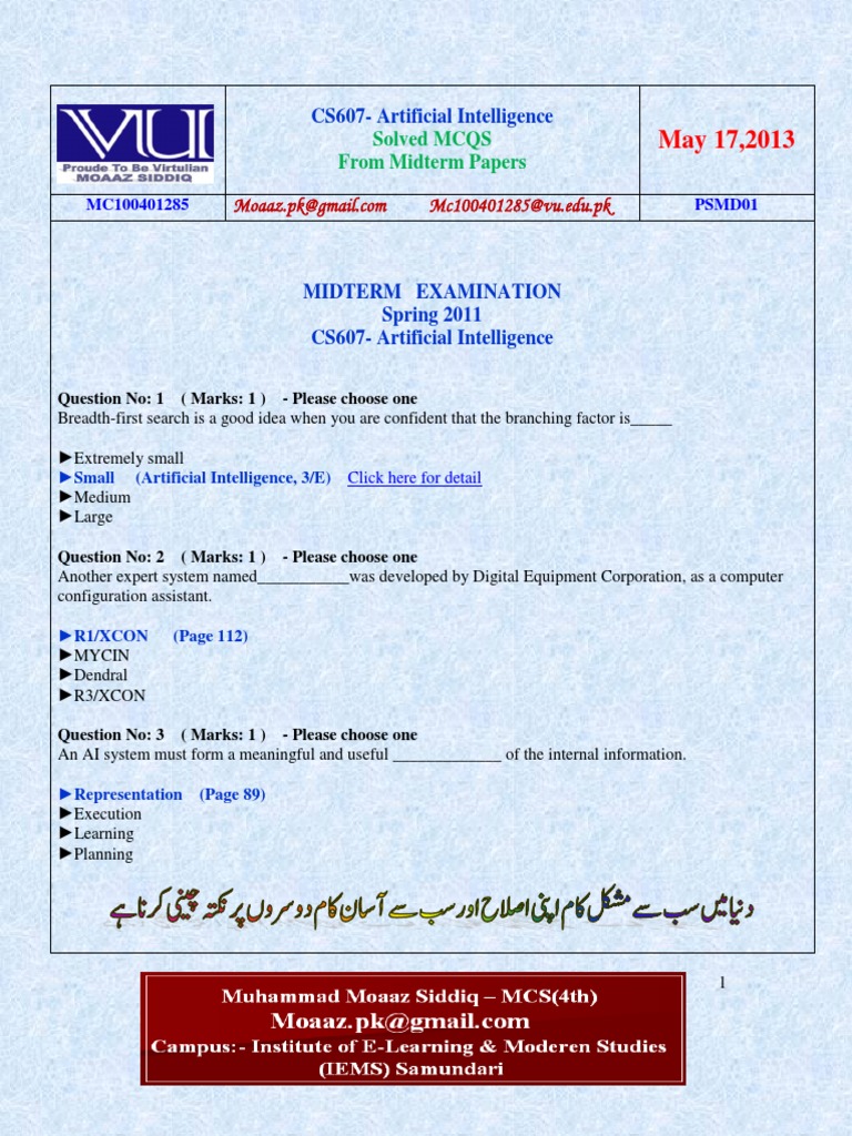 CS607 - Midterm Solved Mcqs With References by Moaaz PDF | PDF | Artificial Intelligence ...