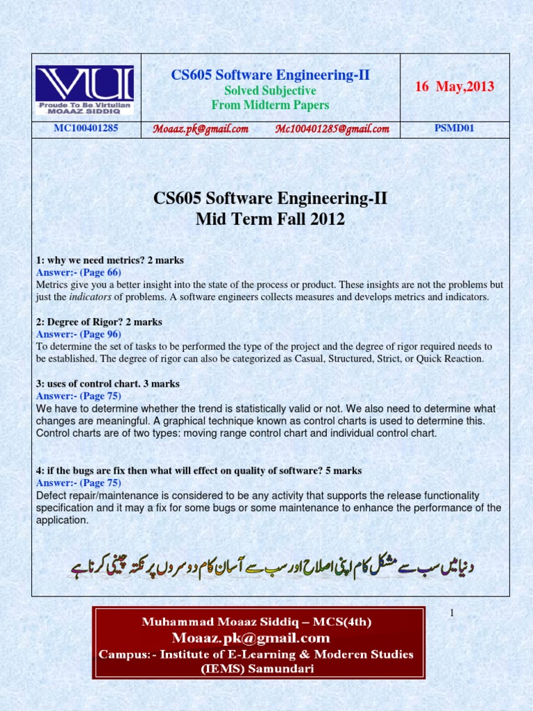 CS605 - Midterm Solved Subjectives With References by Moaaz PDF | PDF | Software Bug | Risk