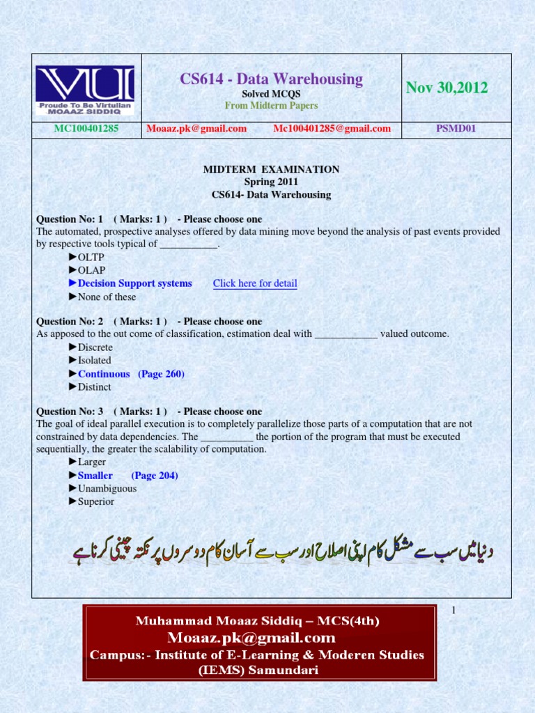 Cs614-Mid Term Solved MCQs With References by Moaaz PDF | PDF | Data Warehouse | Data