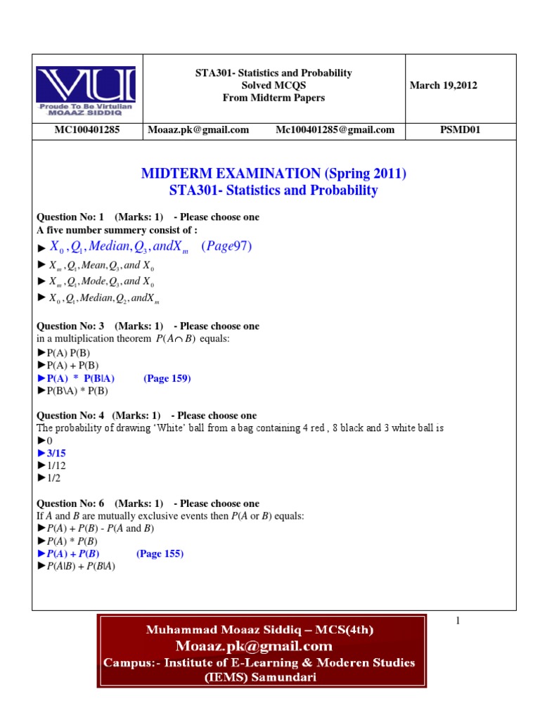 STA301-Mid Term Solved MCQs With References PDF | PDF | Arithmetic Mean ... STA301-Mid Term Solved MCQs With References PDF | PDF | Arithmetic Mean ...