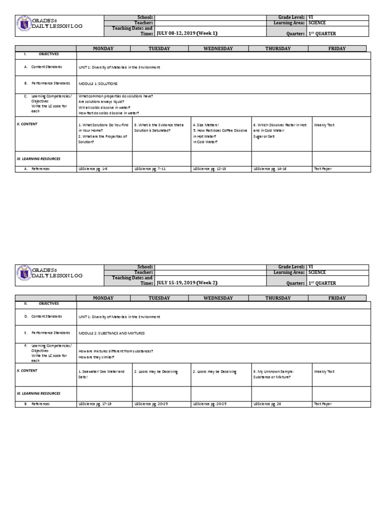 DLL Science 7 Q1 | PDF | Solution | Metals