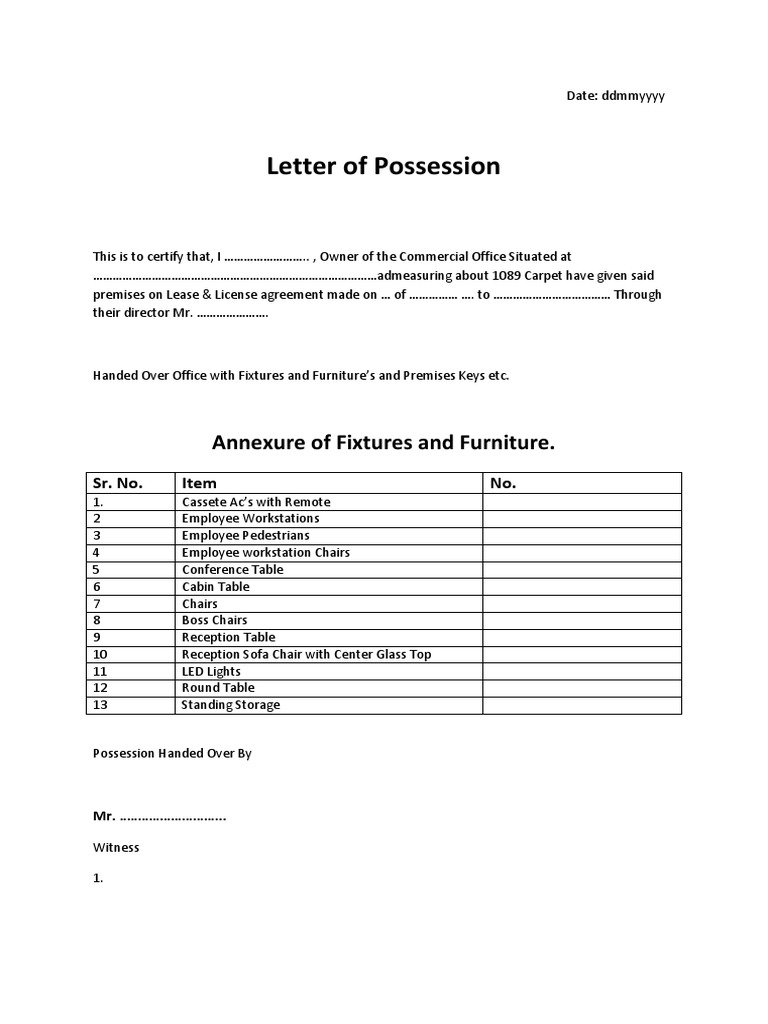 Possession Letter Format | PDF