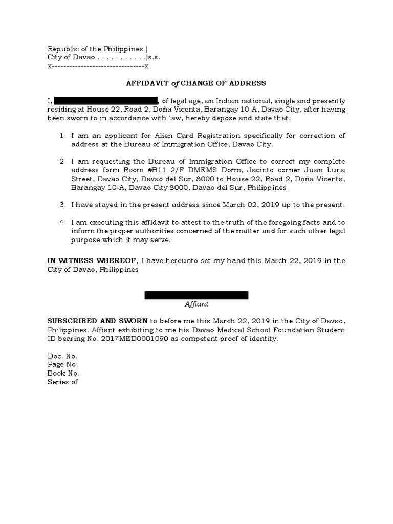 Affidavit of Change of Address in Davao | PDF | Politics | Law