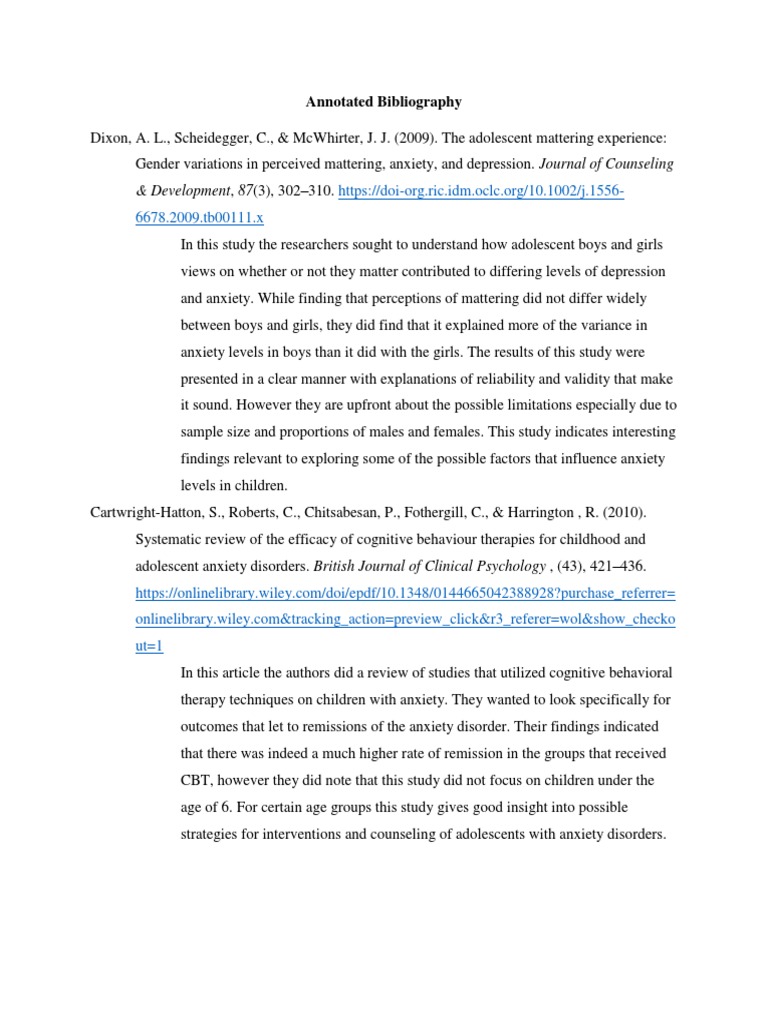 Annotated Bibliography Professional | PDF | Cognitive Behavioral ...
