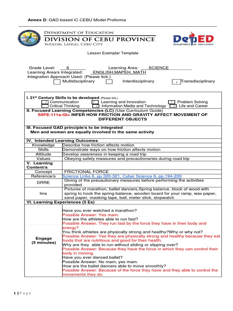 Lesson Exemplar Grade 6 Sample | PDF | Friction | Vehicles