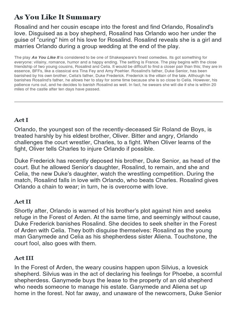 As You Like It Summary | PDF | As You Like It
