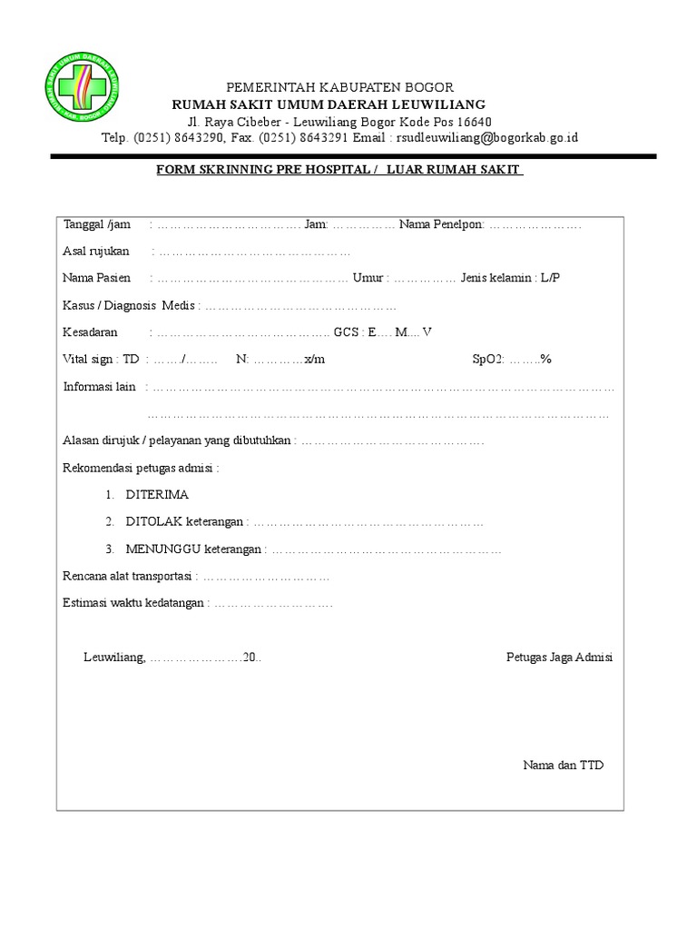 Form Skrining Pre Hospital Atau Luar Rs | PDF