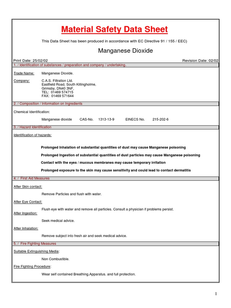 MSDS Manganese Dioxide | PDF | Toxicity | Firefighting