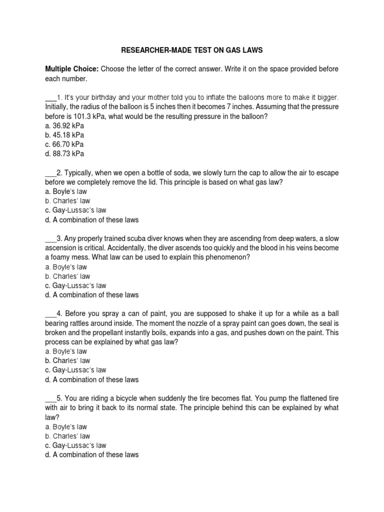 Gas Laws Test for Students | PDF | Gases | Internal Combustion Engine