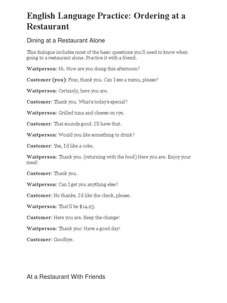 Ordering Conversation | PDF | Reading Comprehension | Restaurants
