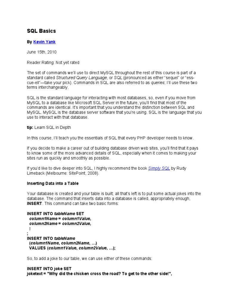 SQL Basics: Kevin Yank | PDF | Sql | Databases