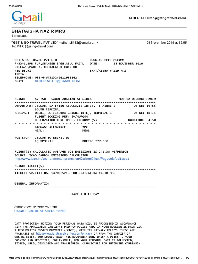 Get N Go Travel PVT LTD Mail - Bhat - Aisha Nazir Mrs | PDF | Privacy ...