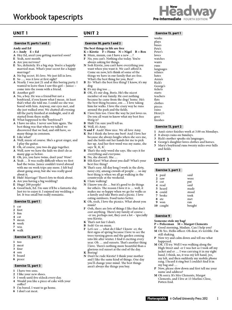 Hwy Pre Int WB Tapescripts PDF | PDF | Eating Behaviors Of Humans | Food And Drink Preparation