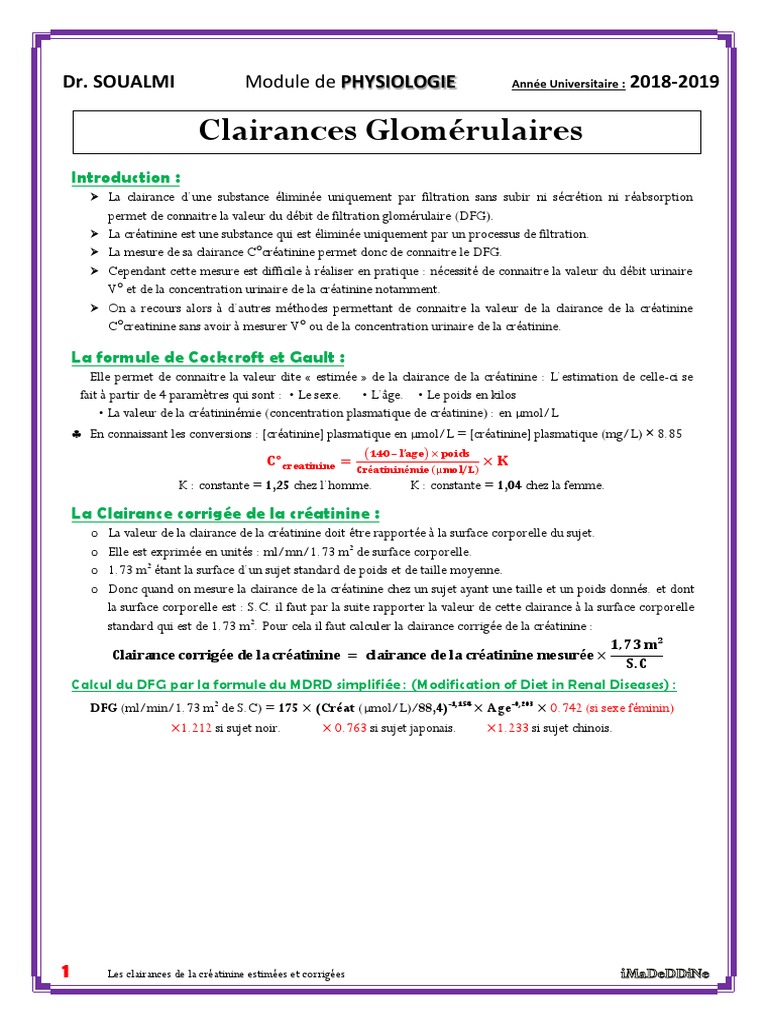 Calcul de la Clairance de la Créatinine | PDF | Créatinine | Fonction ...