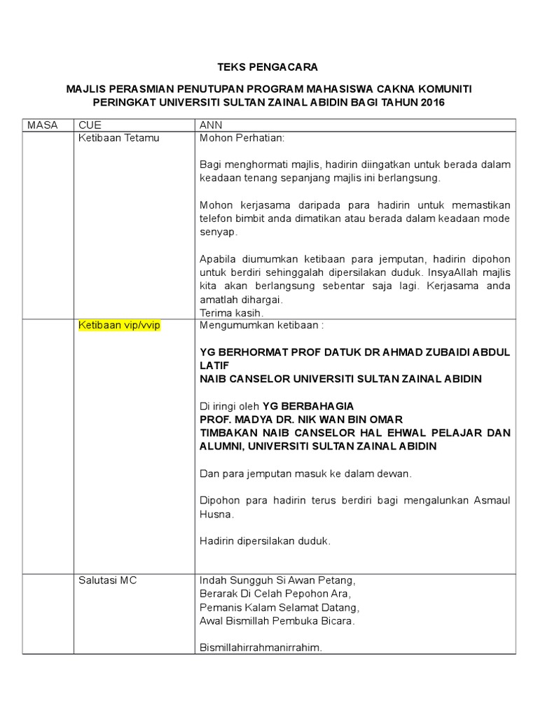 Skrip MC Majlis Penutupan Program 2016 | PDF