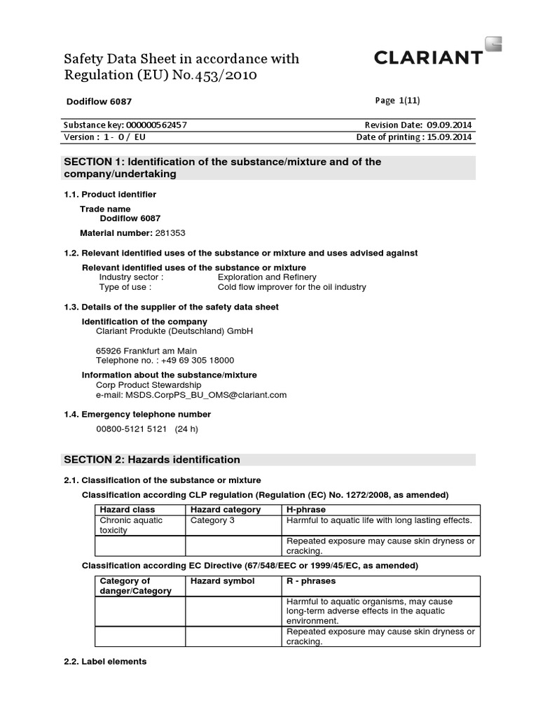 Safety Data Sheet for Dodiflow 6087 Cold Flow Improver for Oil Industry ...