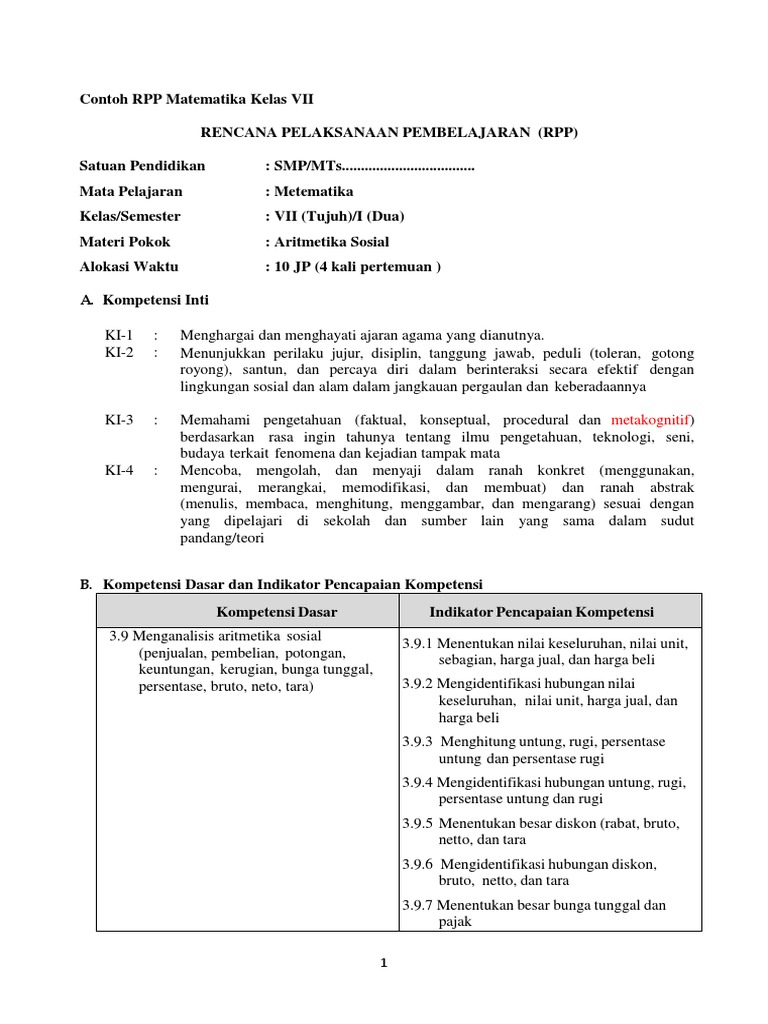 Contoh RPP Matematika | PDF
