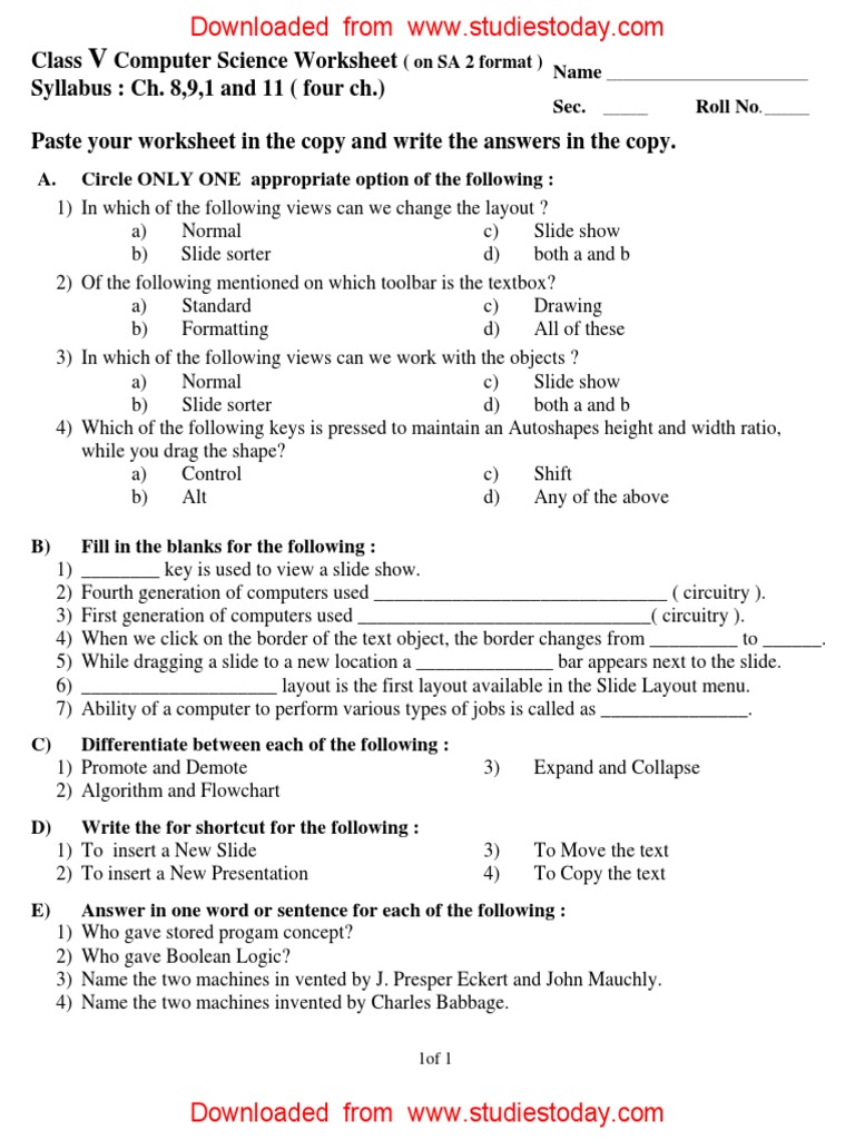 CBSE Class 5 Computer Worksheet | PDF | Algorithms | Computing