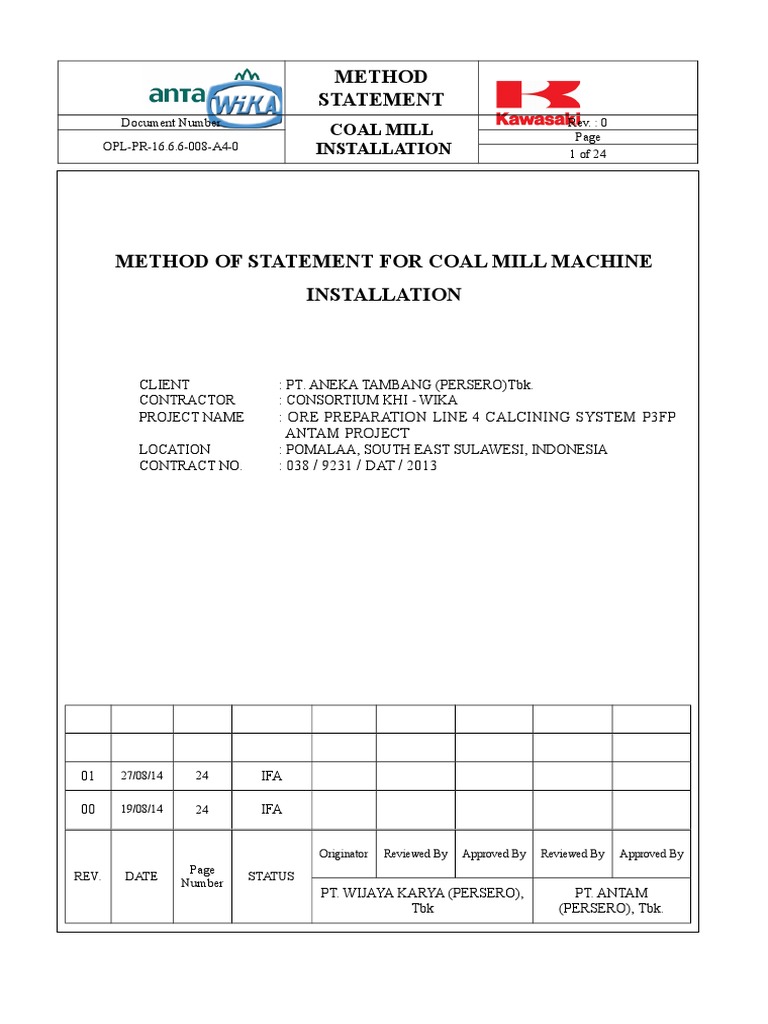 010-Method Statement of Coal Mill Instattalation | PDF | Mill (Grinding) | Mechanical Engineering