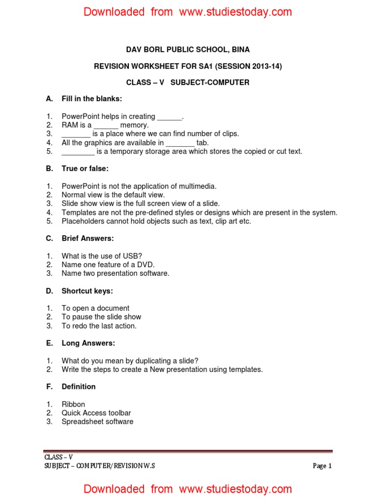 CBSE Class 5 Computer Science Worksheet | PDF
