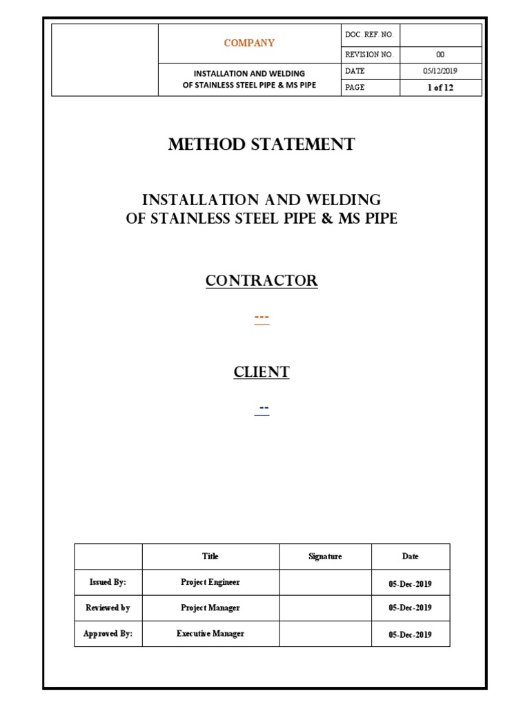 Method Statement - Installation of Ss & Ms Pipe Scribd | PDF | Pipe ...