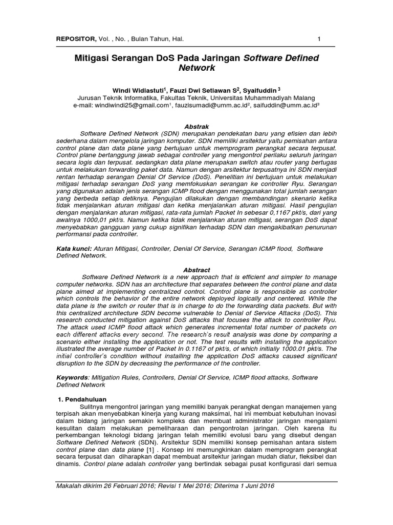Mitigasi Serangan Dos Pada Jaringan Software Defined Network Pdf
