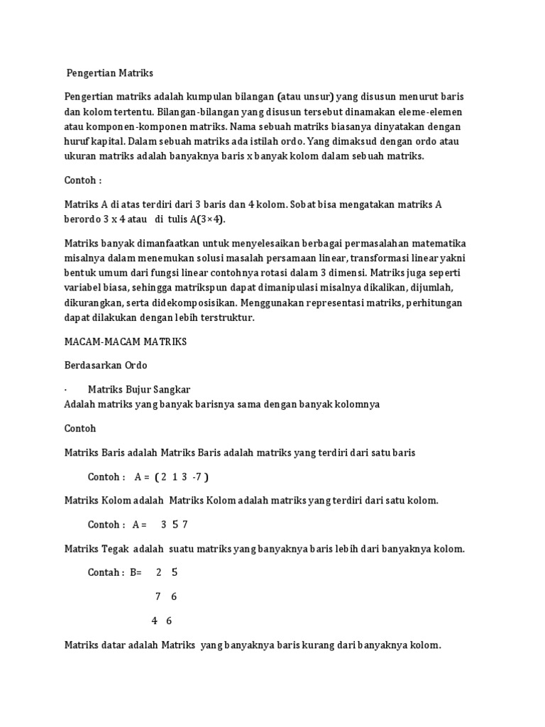 Pengertian Matriks | PDF | Metode & Bahan Ajar