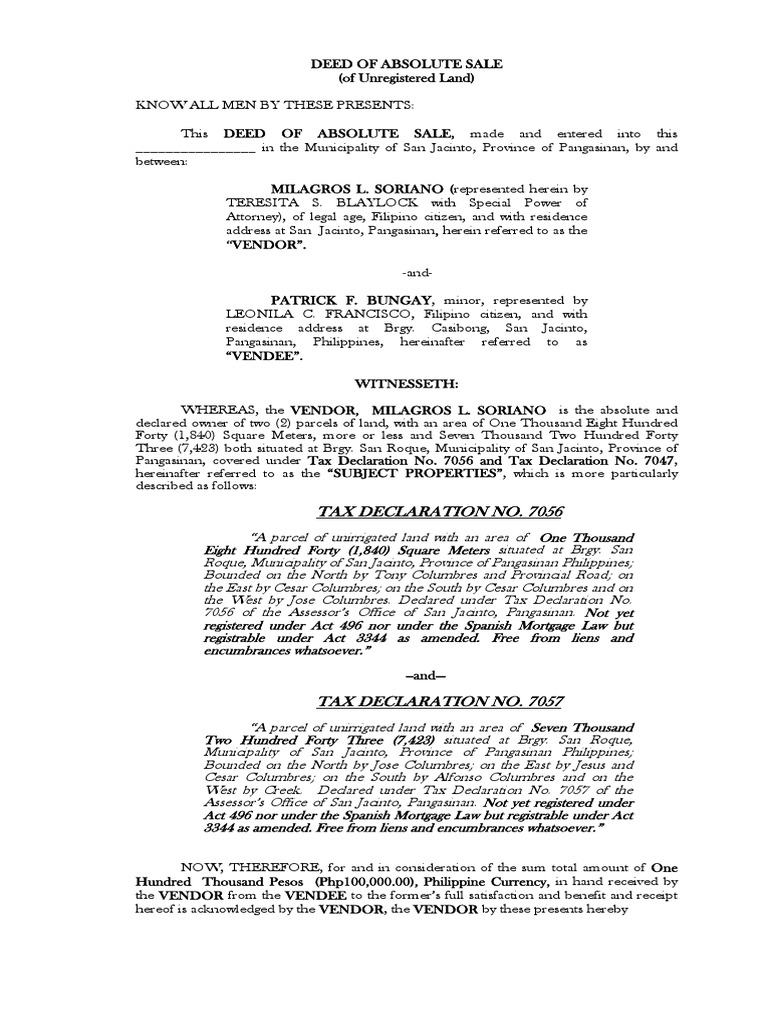 Deed of Sale of Unregistered Land (Milagros Soriano and Patrick Bungay ...