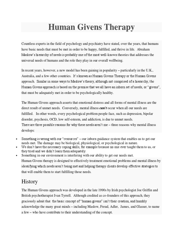 Human Givens Therapy | PDF | Psychotherapy | Mental Disorder