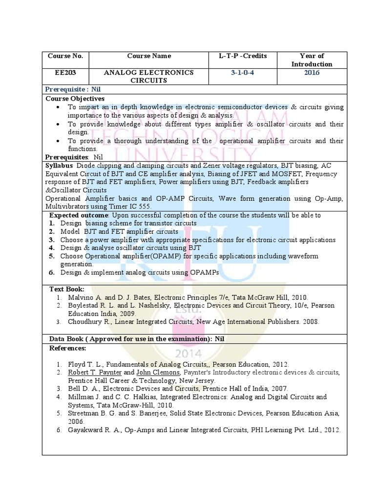 Ee203 Analog Electronic Circuits Pdf Pdf Amplifier Operational
