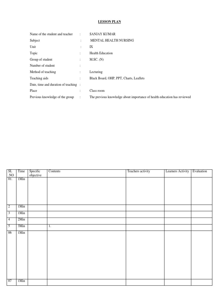 Lesson Plan MSC NSG Ruhs | PDF
