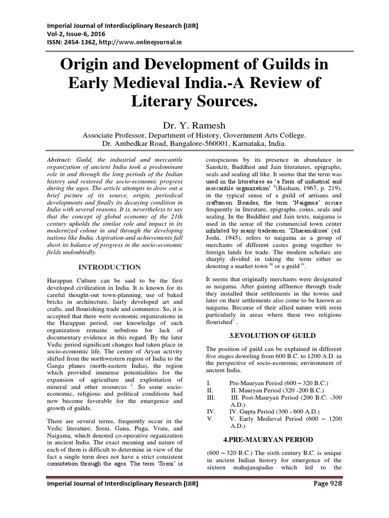 Guilds in Early Medieval India: A Review | PDF | Guild | Trade
