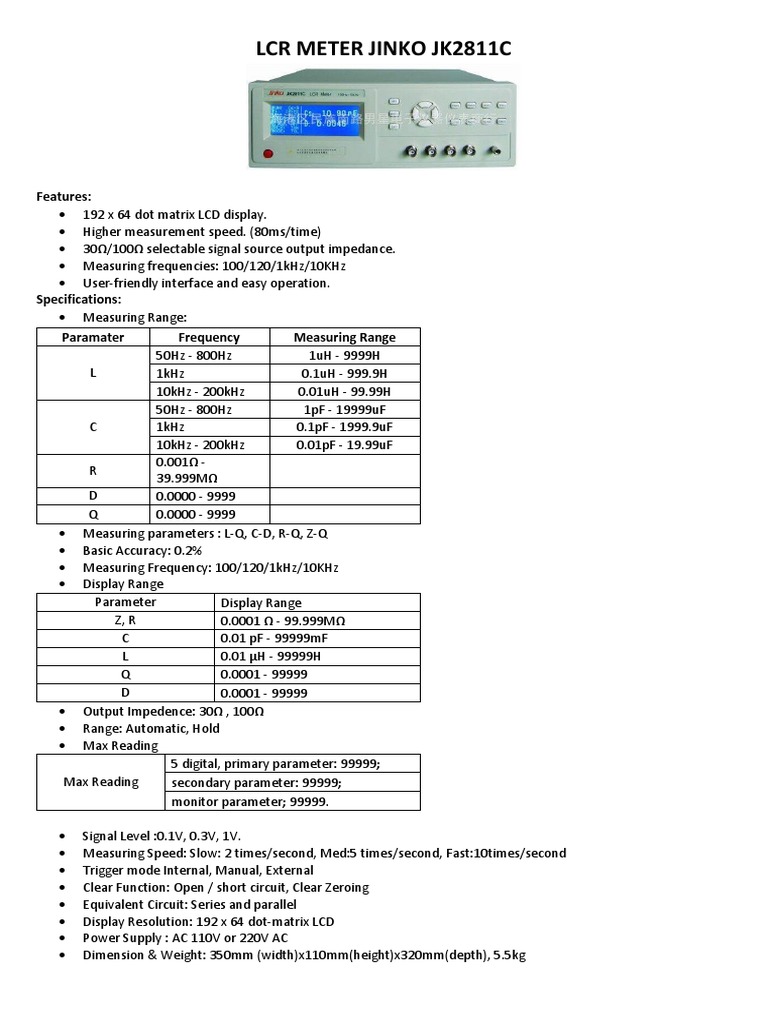 Jinko JK2811C LCR Meter Overview | PDF | Technology & Engineering ...