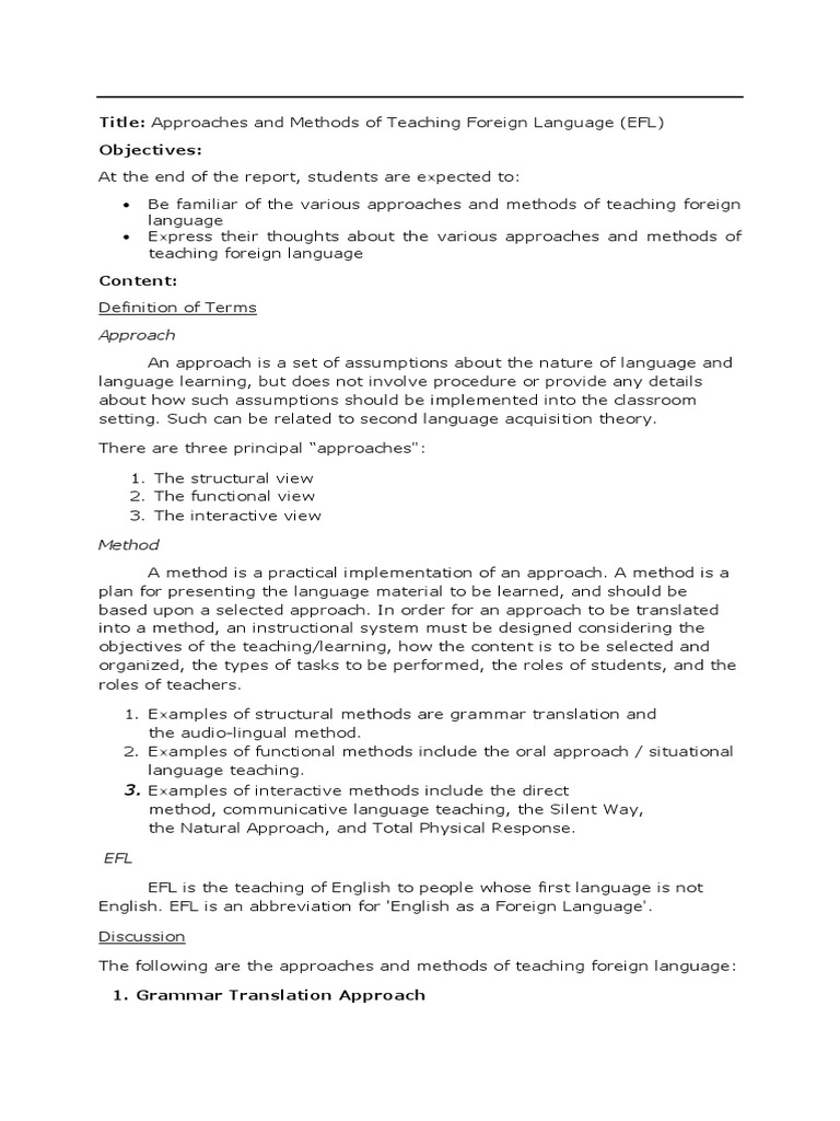 Approaches and Methods of Teaching Foreign Language (EFL) | PDF ...