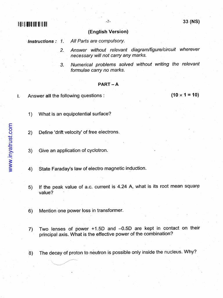 2nd Puc Physics State Level Preparatory Exam Question Paper Eng Version ...