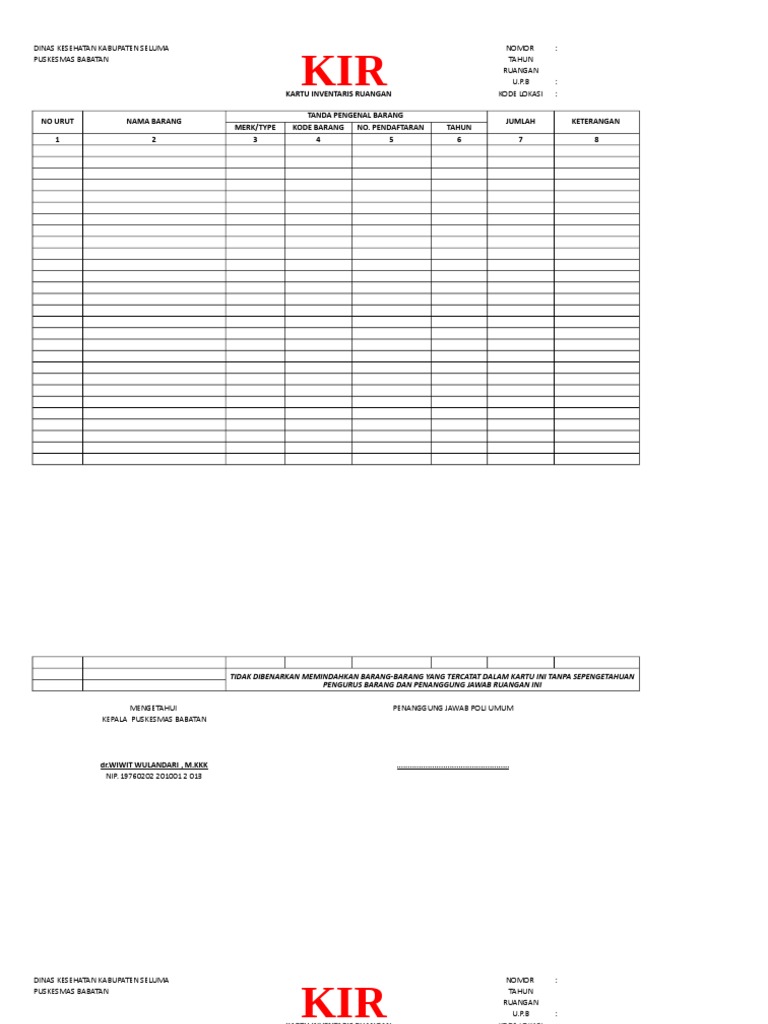 Kartu Inventaris Ruangan Puskesmas | PDF