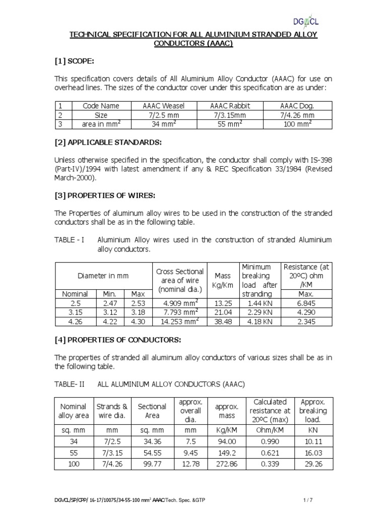 Technical Specs for 55 sq mm AAAC Conductor | PDF | Wire | Electrical ...