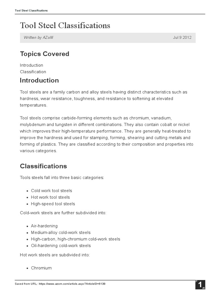 Tool Steel Classifications Overview | PDF | Steel | Building Materials