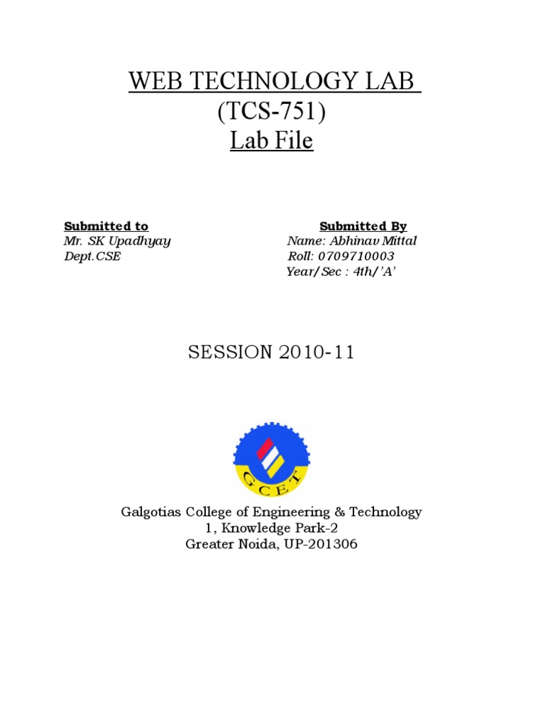 Web Technology Lab (TCS-751) Lab File: SESSION 2010-11 | Download Free ...