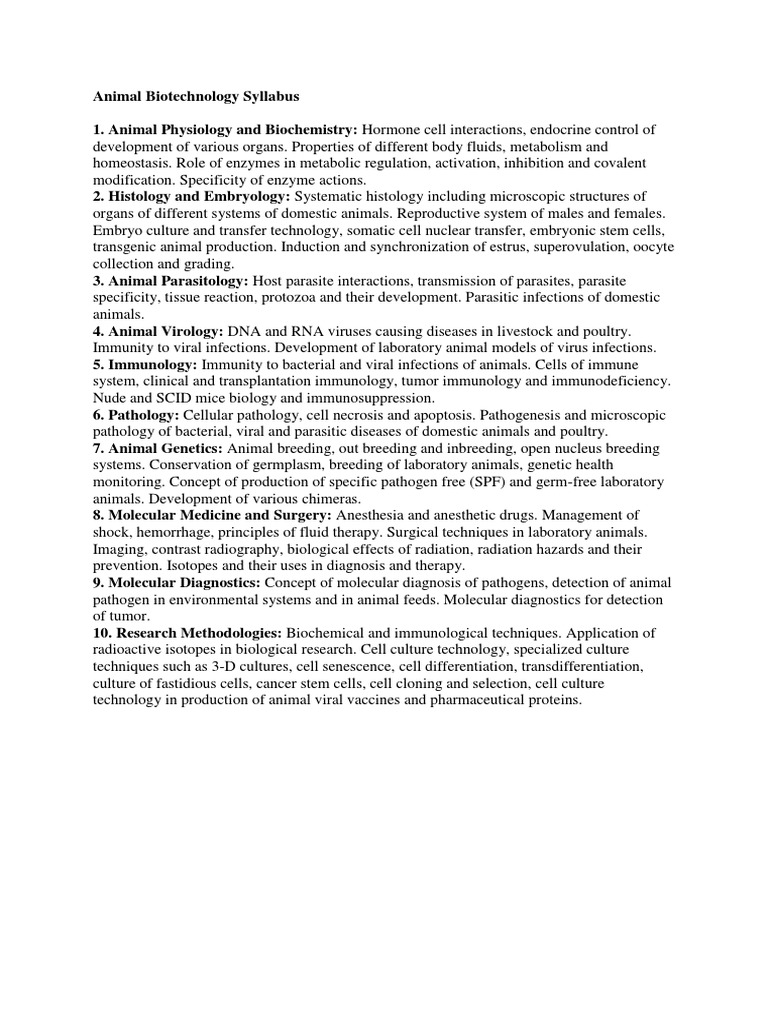 Animal Biotechnology Syllabus | PDF | Infection | Virus