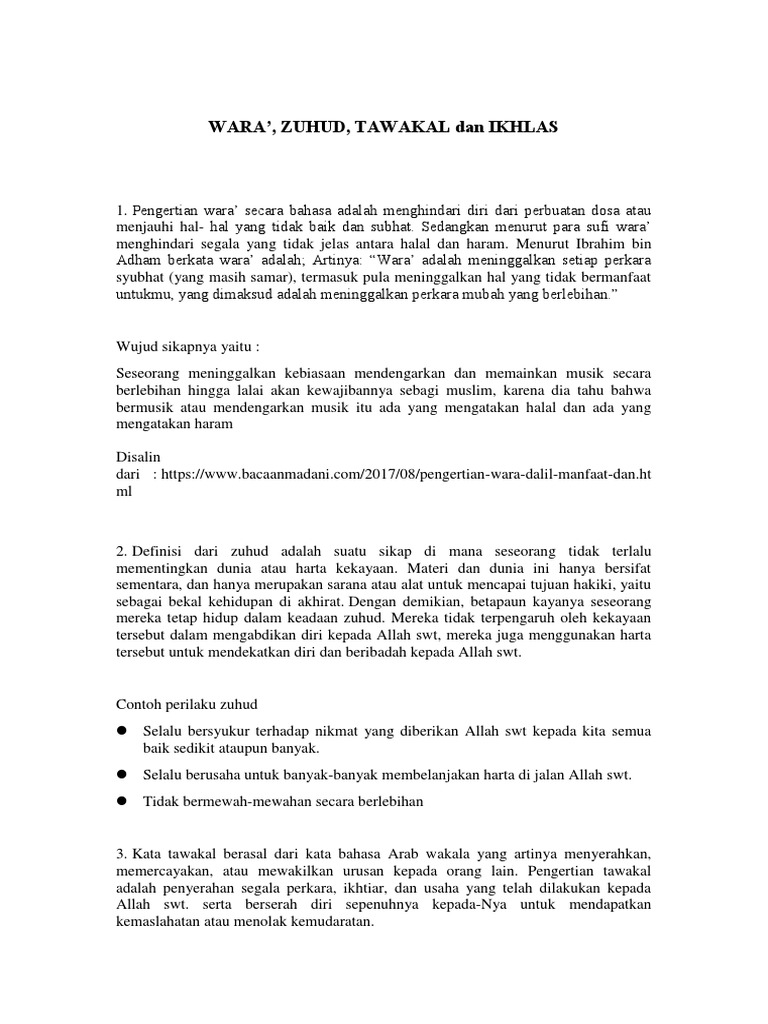 WARA', ZUHUD, TAWAKAL Dan IKHLAS | PDF