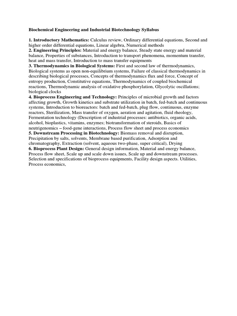 Biochemical Engineering and Industrial Biotechnology Syllabus | PDF