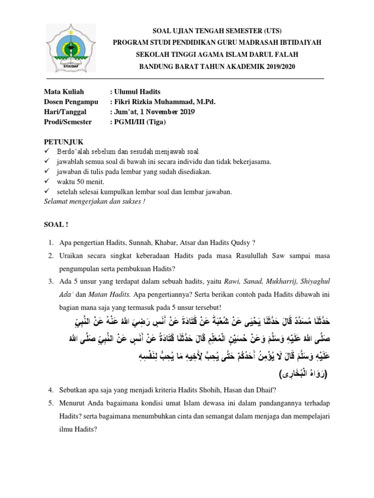 Soal Uts Ulumul Hadits | PDF