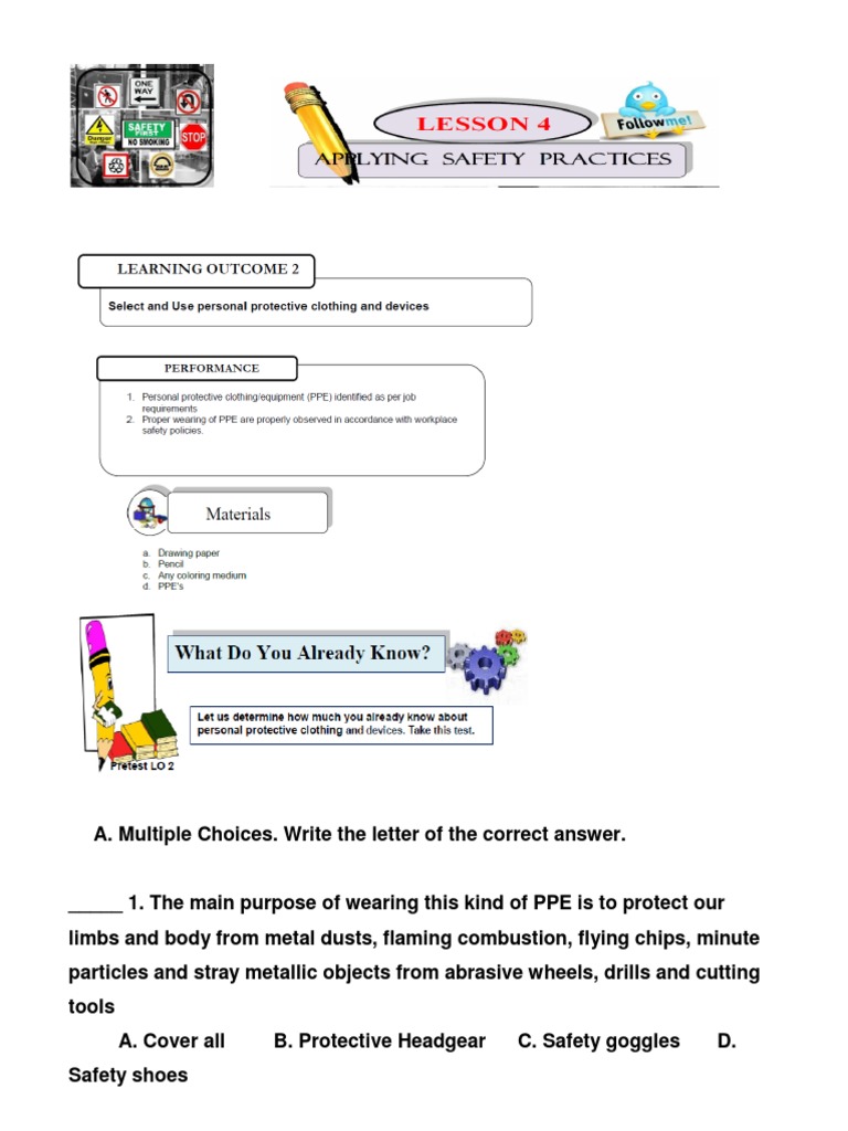Lesson-4 LO2.1 PPE | PDF | Personal Protective Equipment | Safety