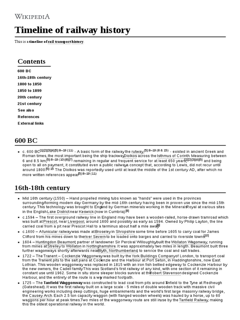 Timeline of railway history from 600 BC to 1850 | PDF | Wagonway | Rail ...