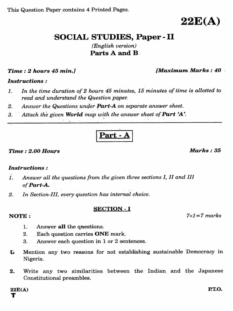TS Tenth Class Social Studies Paper II (EM) March 2017 Question Paper | PDF